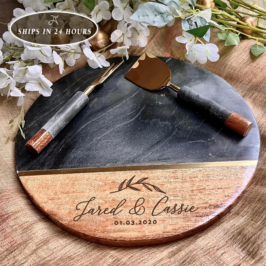 Personalized Round Charcuterie Board With Cutlery, Engraved Wedding ...