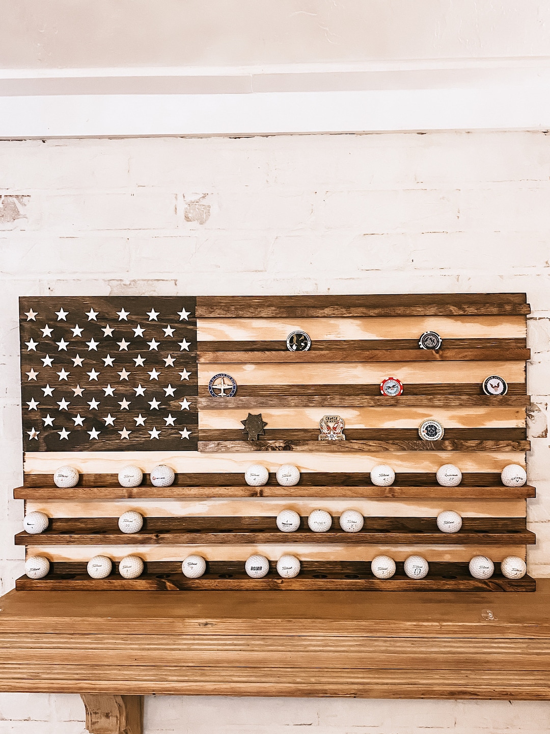 Golf Ball ~ Ball Marker Display Rack Rustic Wood American Flag Sign ...