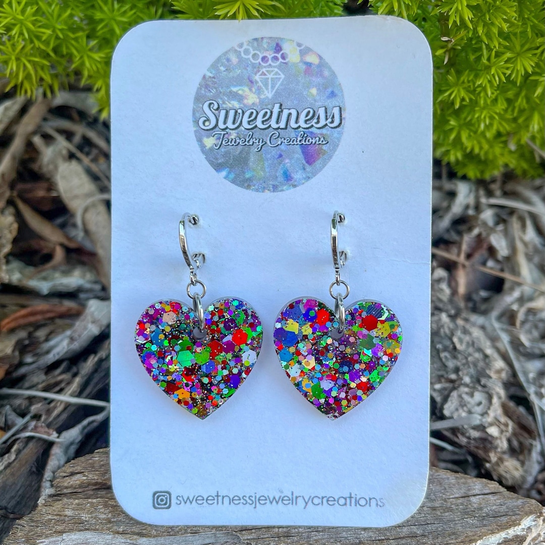 Resin Heart Earrings, Rainbow Chunky Glitter, Handmade Earrings, Rave ...