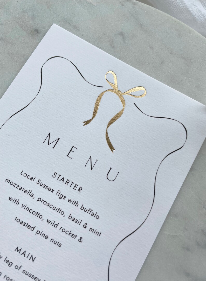 Elegant Gold Foil Ribbon Bow Wedding Menu Card, Printed Modern ...