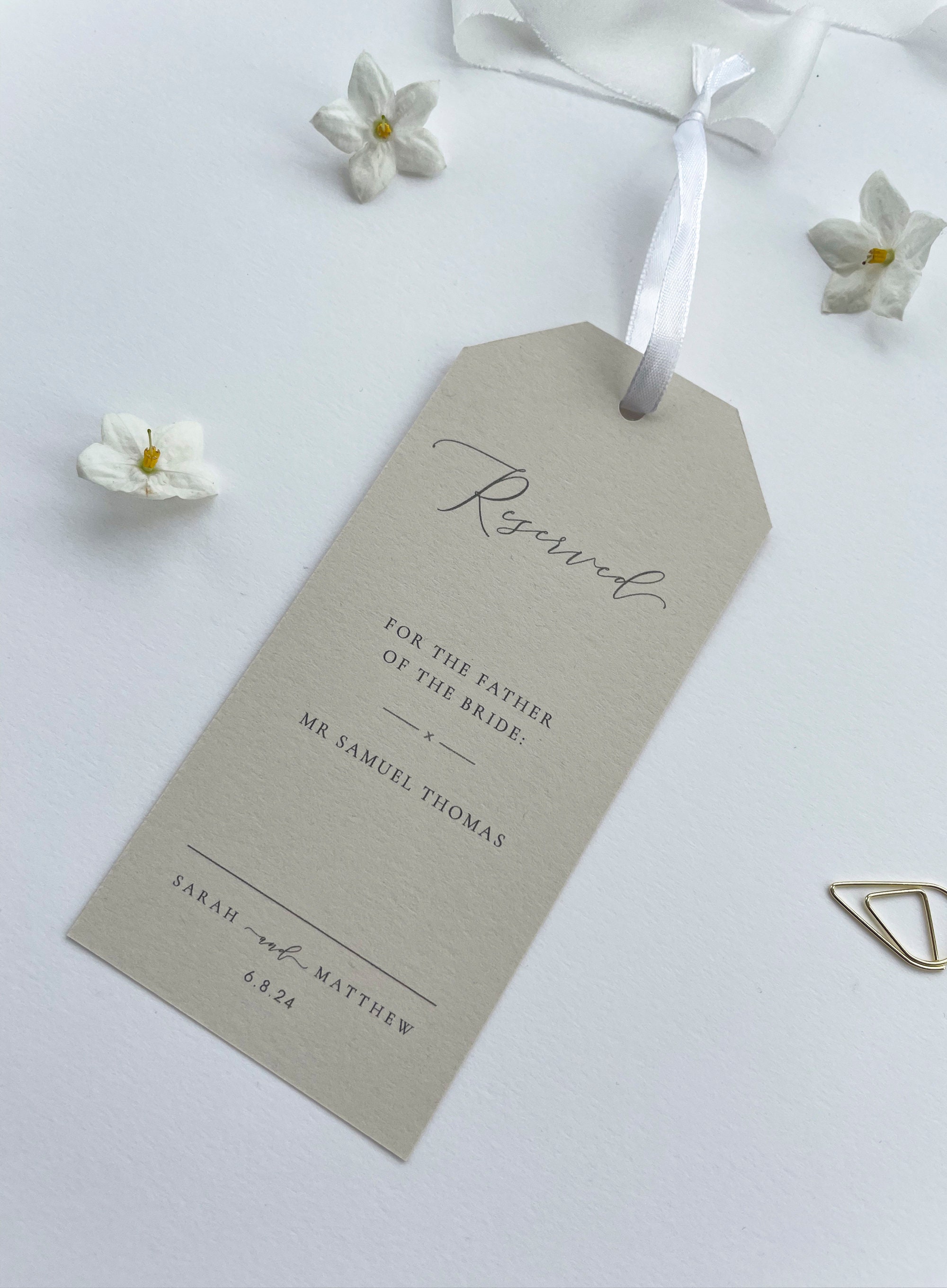 Modern Minimalist White Reserved Seating Tag, Personalised Wedding ...