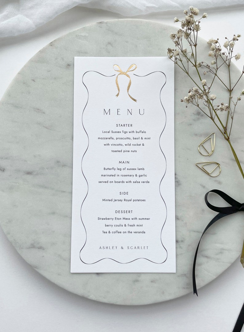 Elegant Gold Foil Ribbon Bow Wedding Menu Card, Printed Modern ...