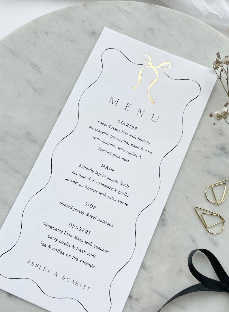 Elegant Gold Foil Ribbon Bow Wedding Menu Card, Printed Modern ...