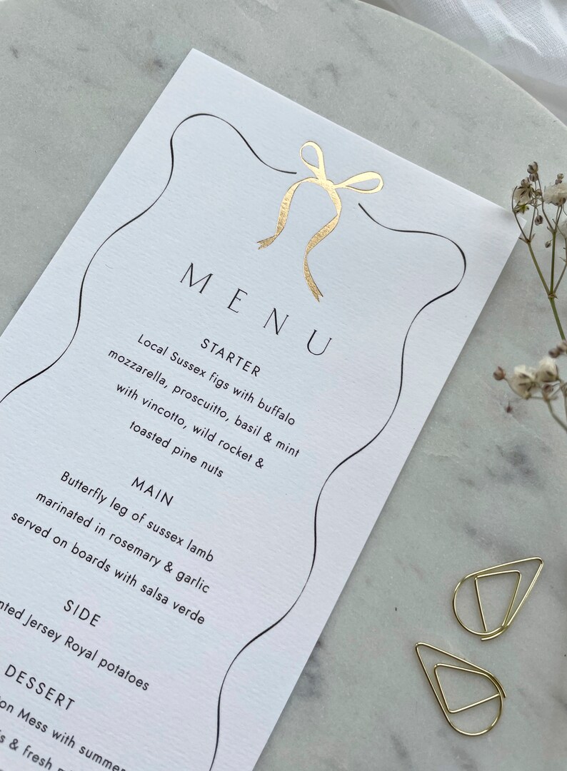 Elegant Gold Foil Ribbon Bow Wedding Menu Card, Printed Modern ...
