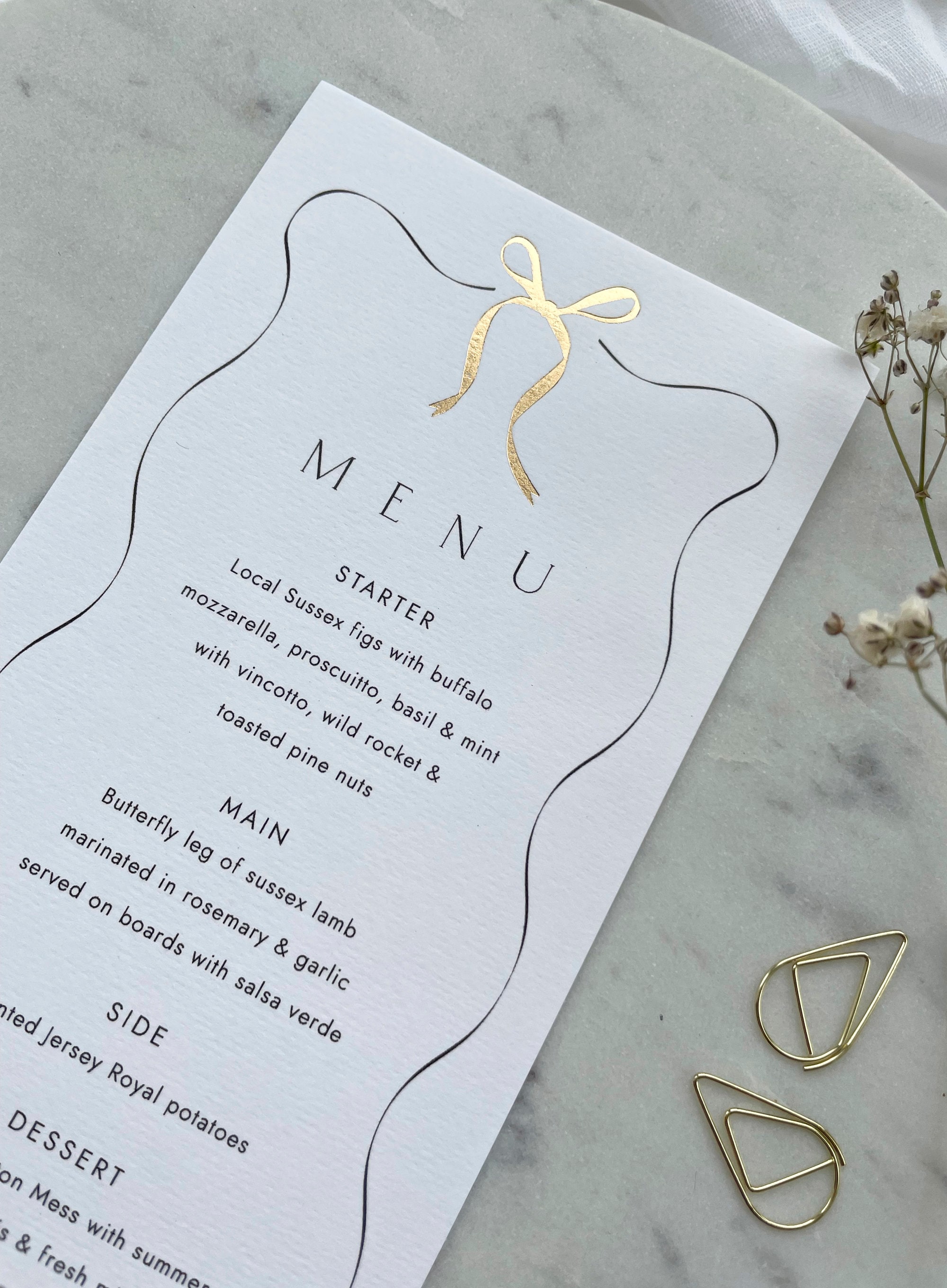 Elegant Gold Foil Ribbon Bow Wedding Menu Card, Printed Modern ...