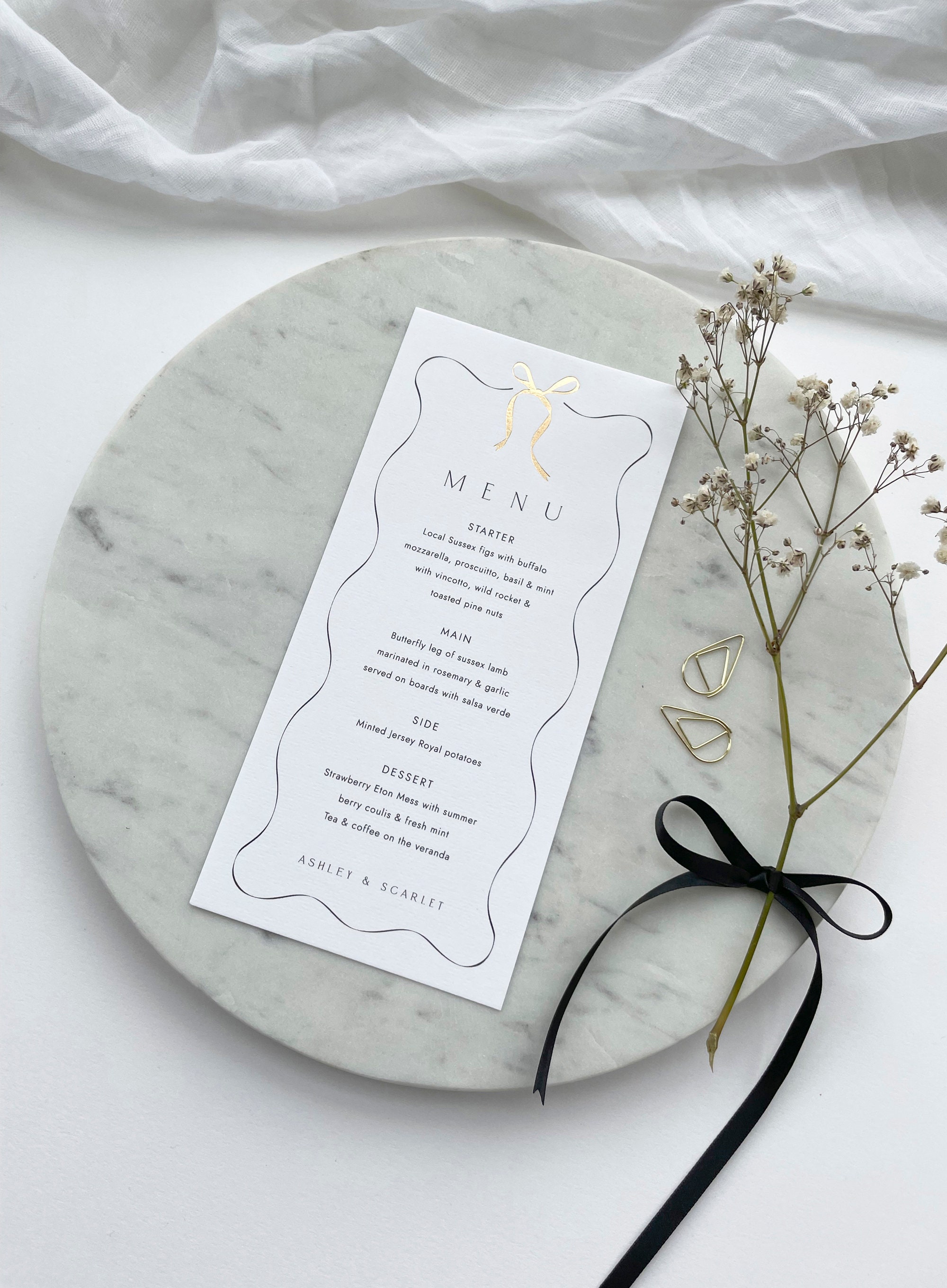 Elegant Gold Foil Ribbon Bow Wedding Menu Card, Printed Modern ...