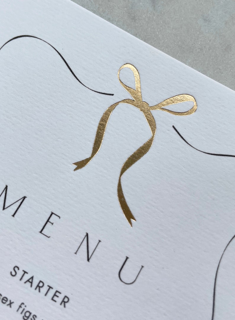 Elegant Gold Foil Ribbon Bow Wedding Menu Card, Printed Modern ...