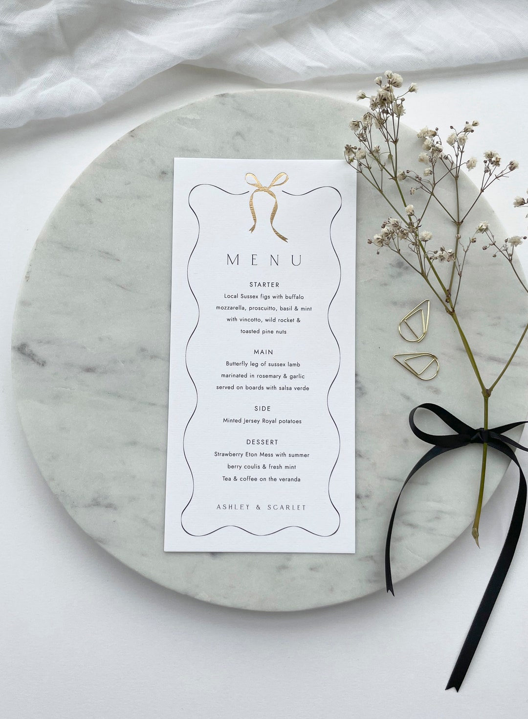 Elegant Gold Foil Ribbon Bow Wedding Menu Card, Printed Modern ...