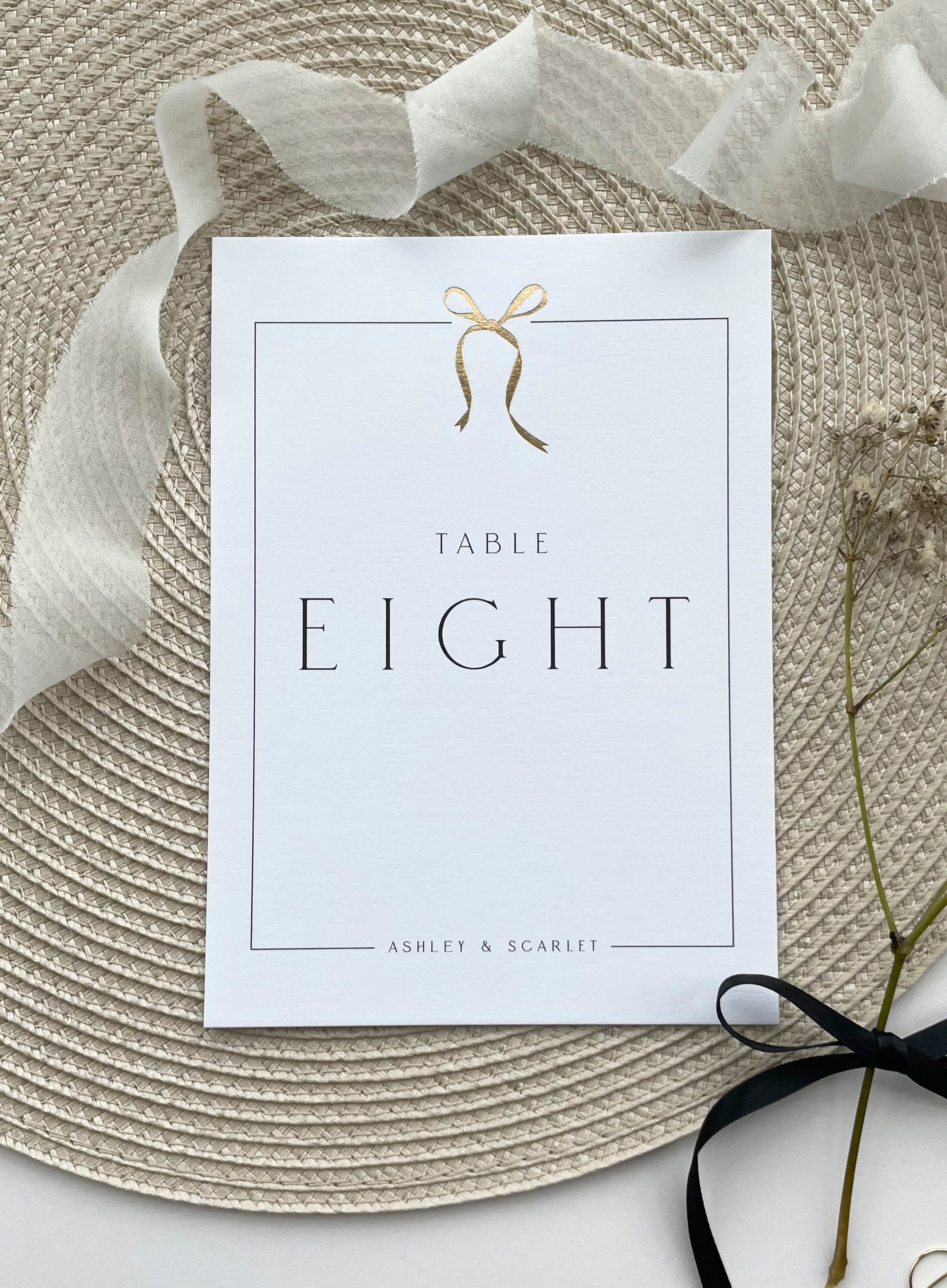 Elegant Gold Foil Ribbon Bow Wedding Table Number, Printed Monochrome ...