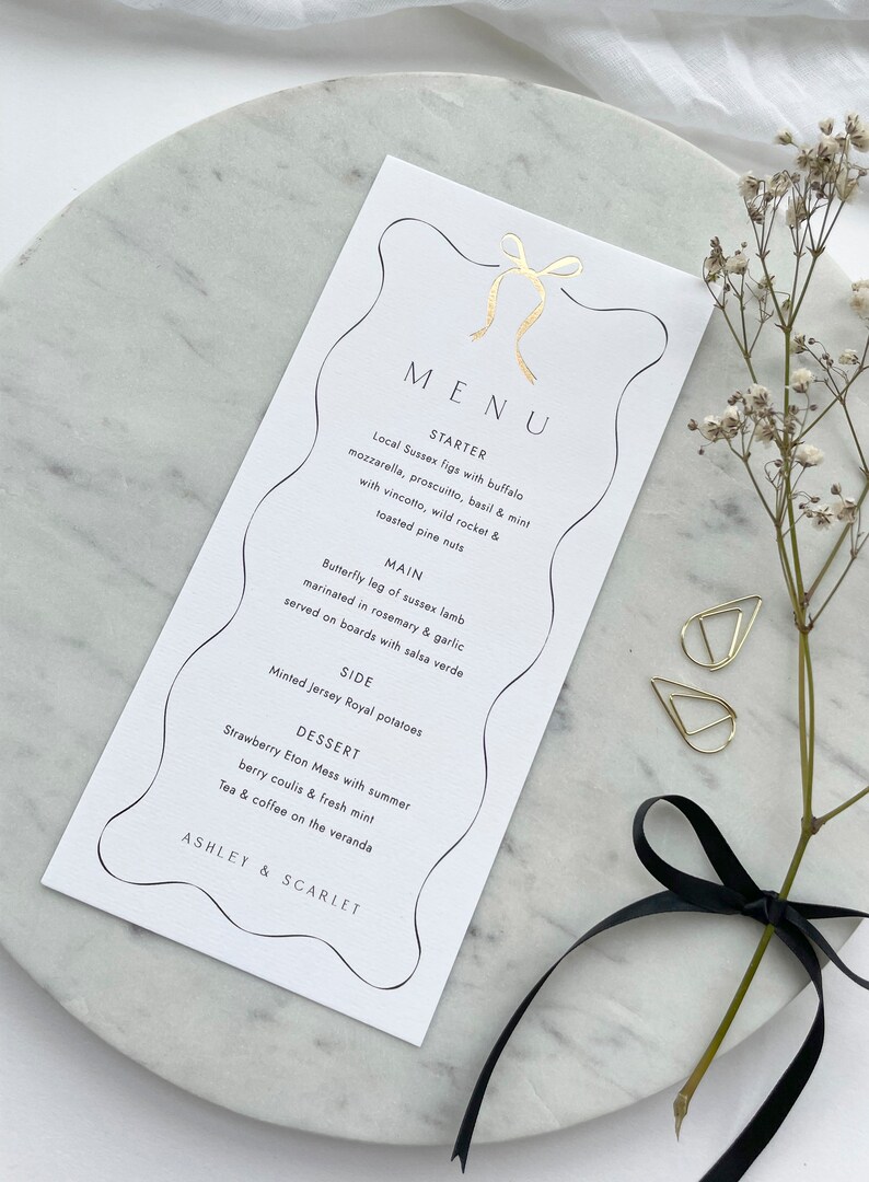 Elegant Gold Foil Ribbon Bow Wedding Menu Card, Printed Modern ...