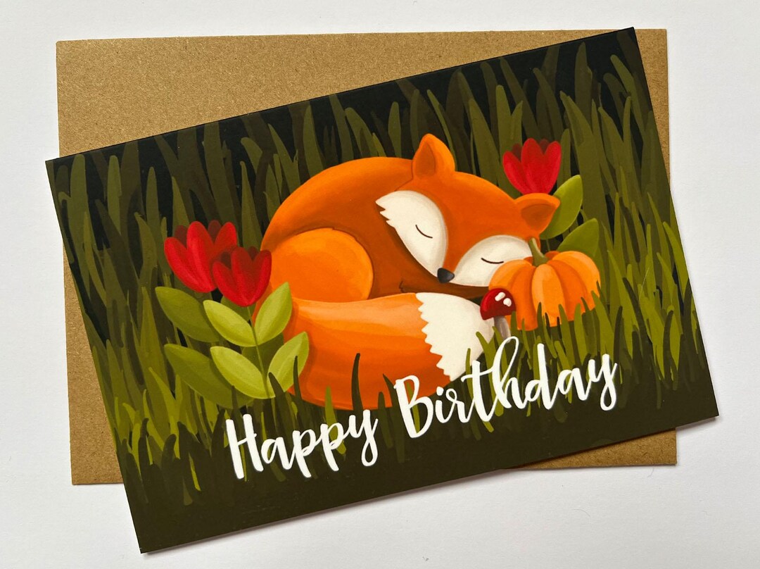 Sleepy Fox Birthday Greeting Card, Illustration - Etsy