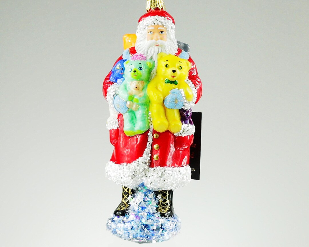 Santa Claus With Bears in a Backpack Glass Christmas Ornament Handmade ...