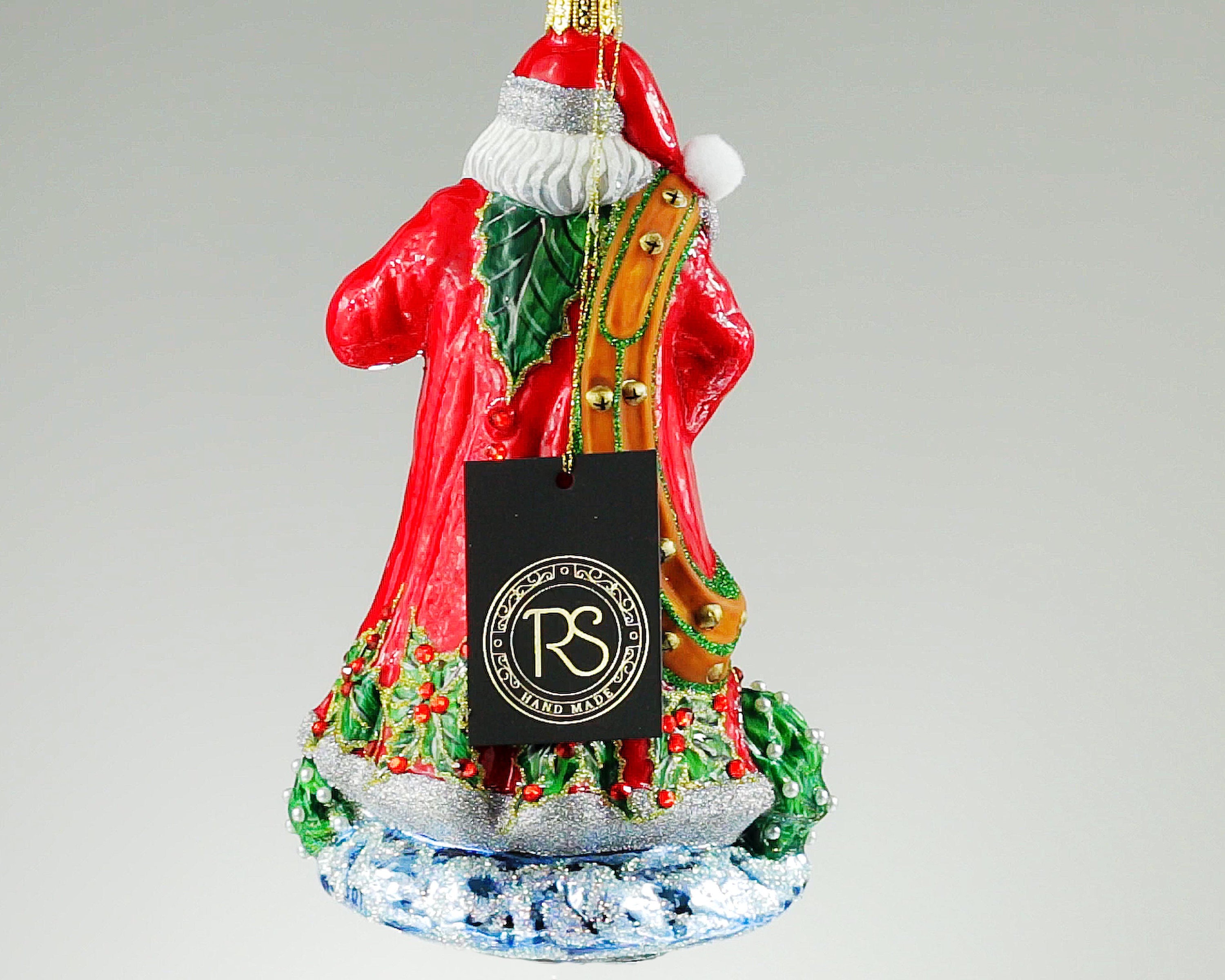 Santa Claus With a Holly Glass Christmas Ornament Handmade in Poland ...