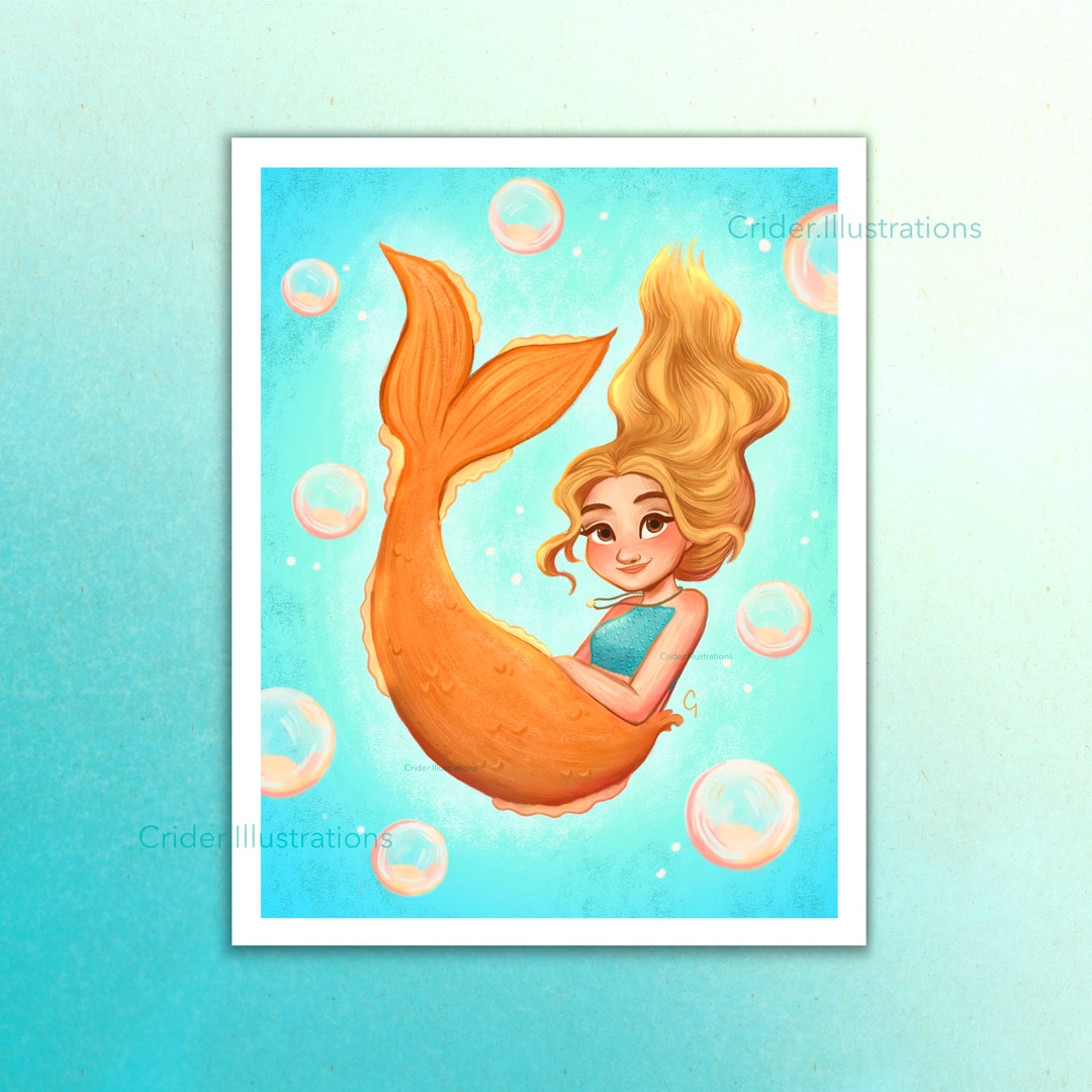 Cute Mermaid Art Print Wall Art, Poster, Decor, Painting, Digital ...