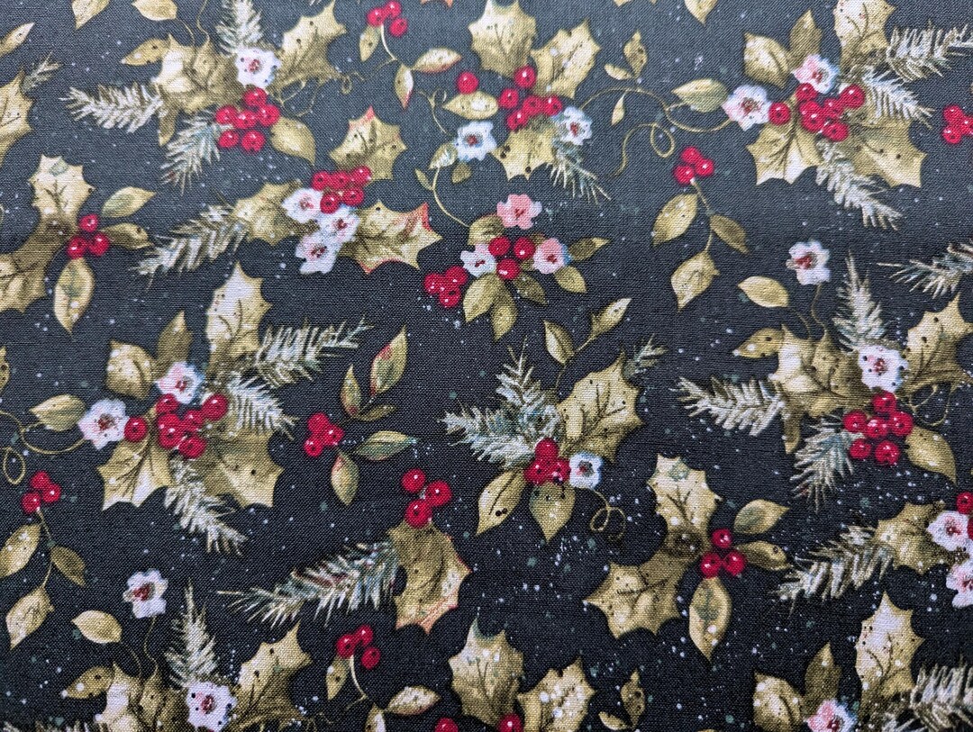 2 Yards Poinsettia, Birds, Holly Sprigs Christmas Quilters Cotton ...