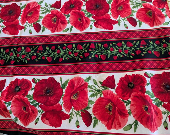4 Yards Red Poppy Flower Border Print Quilters Cotton Fabric, Hi ...