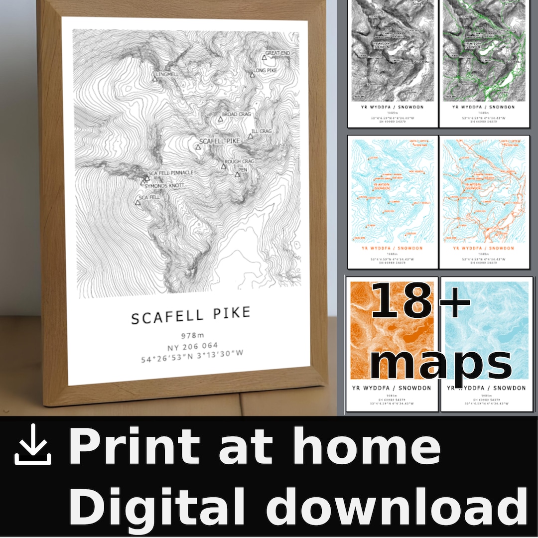 Scafell Pike Digital Contour Map Pack, Many Styles. Print at Home, Work ...
