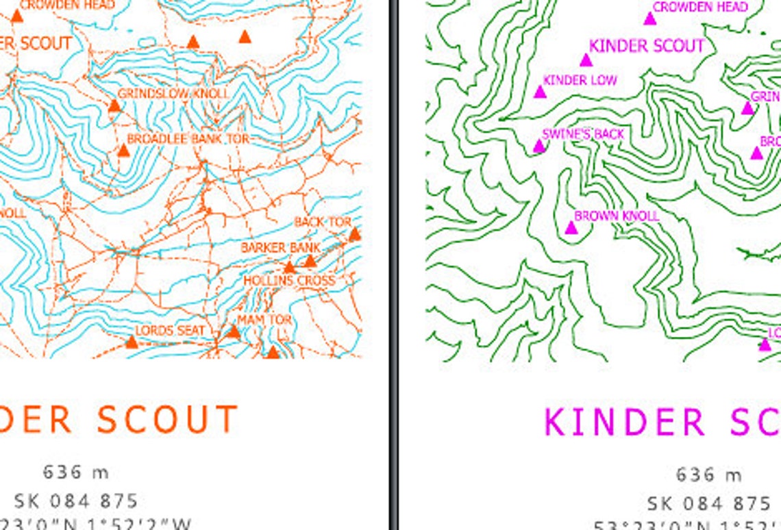 Kinder Scout Digital Contour Map Pack, Many Styles. Print at Home, Work ...