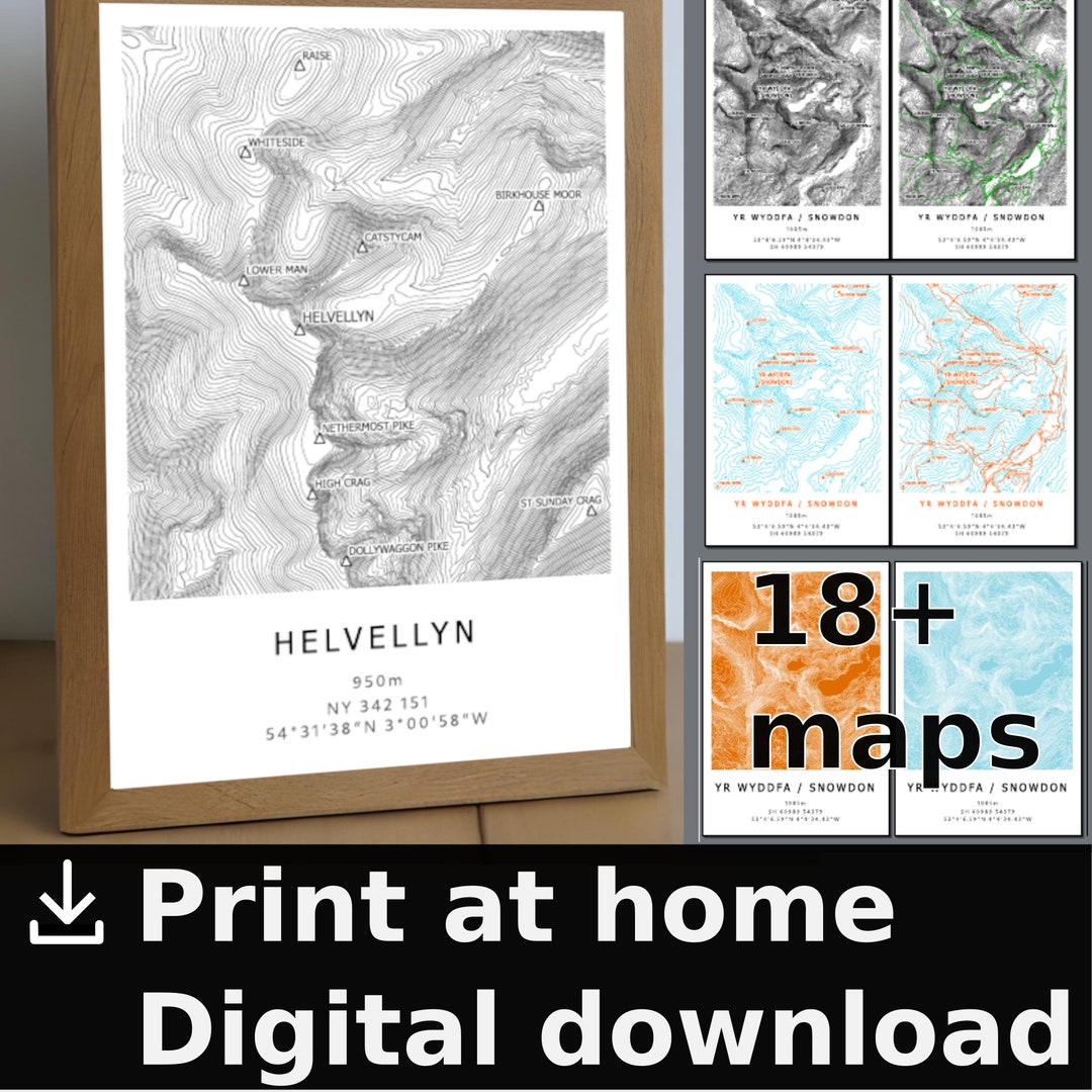 Helvellyn Digital Contour Map Pack, Many Styles. Print at Home, Work ...