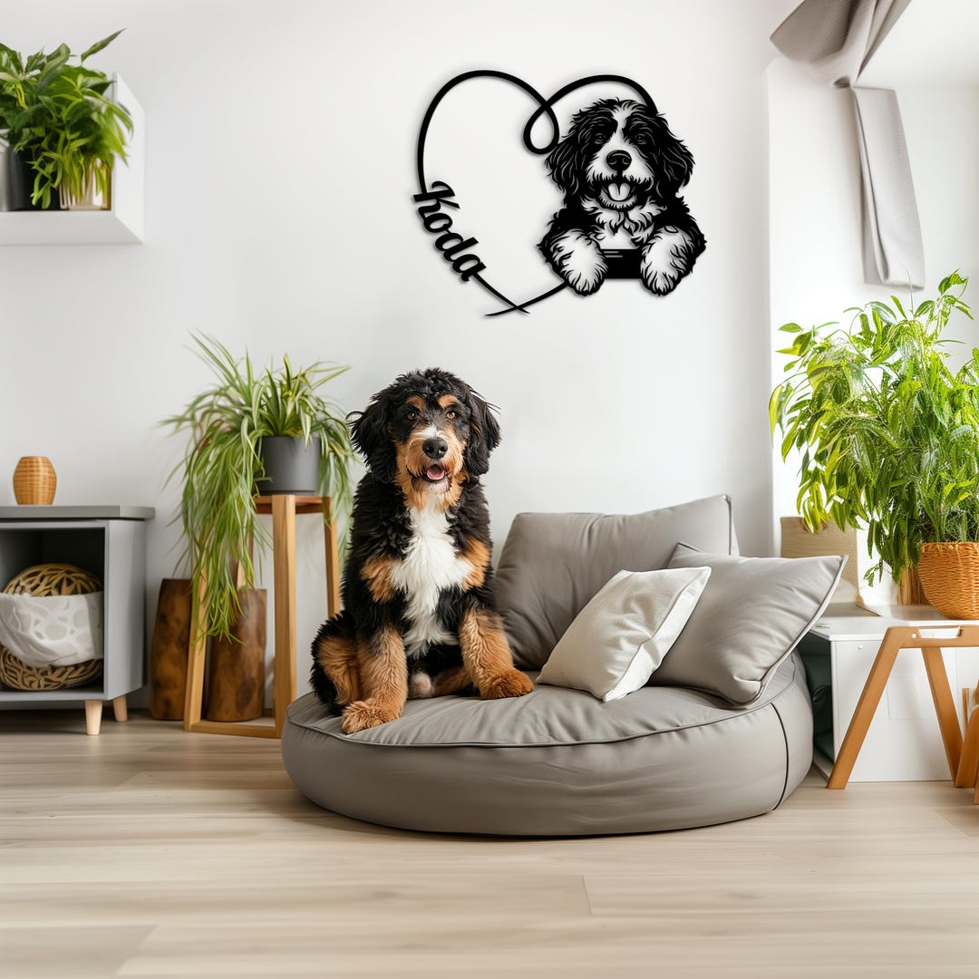 Bernedoodle Dog Name Sign, Personalized Pet Portrait Wall Art, Custom ...