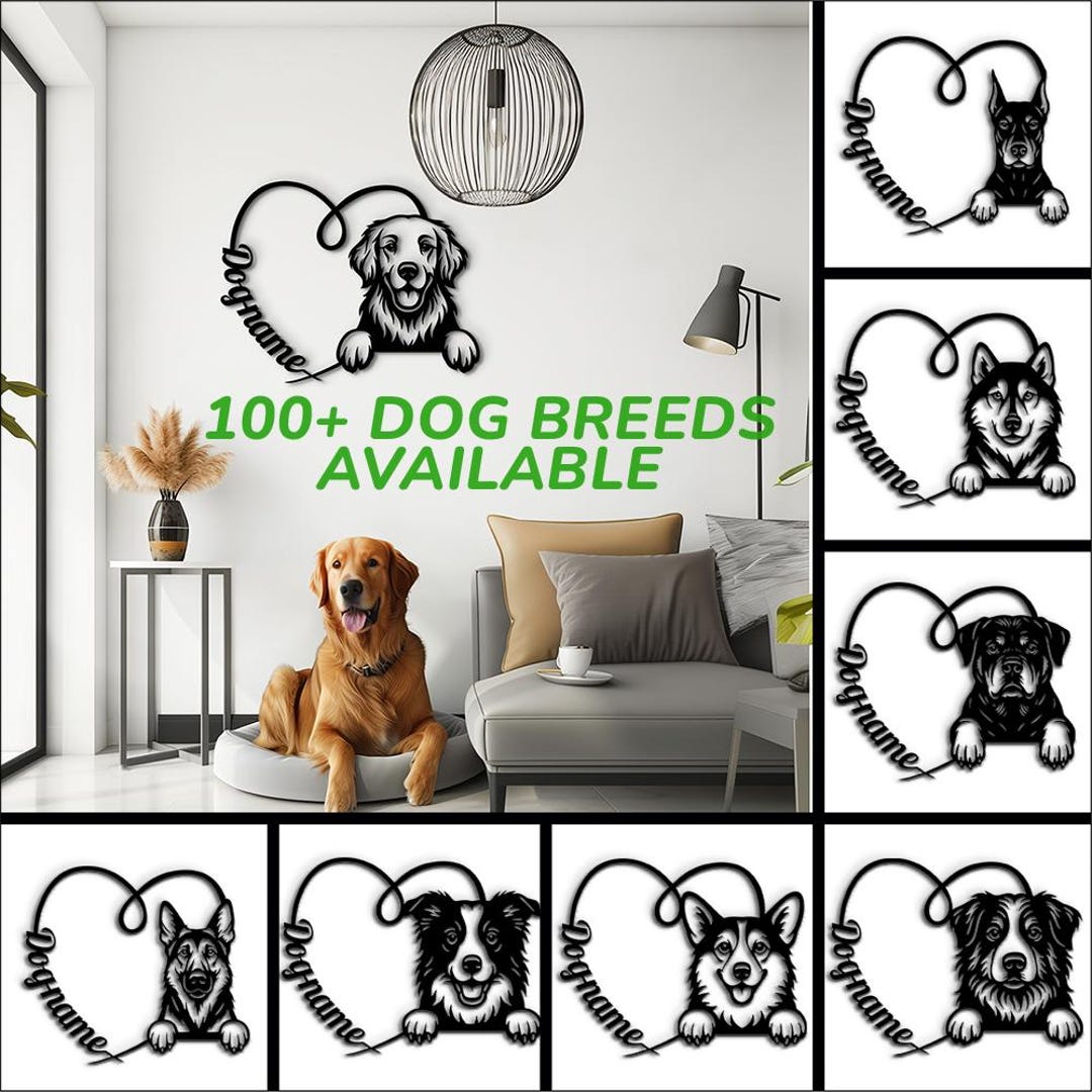 Dog Name Sign, Custom Pet Portrait Wood Wall Art, Heart Shaped Dog ...