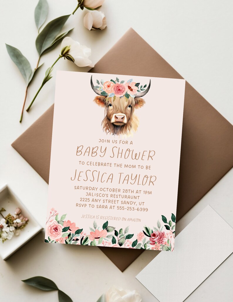Highland Cow Baby Shower Invitation for a Girl, Cute Boho Cow Baby ...