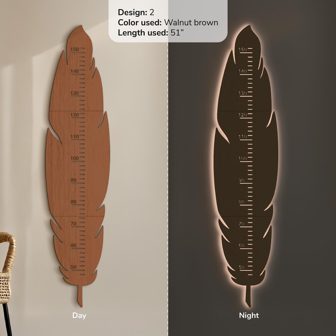 Personalized Wooden Height Chart With LED Light Feather Family Growth ...