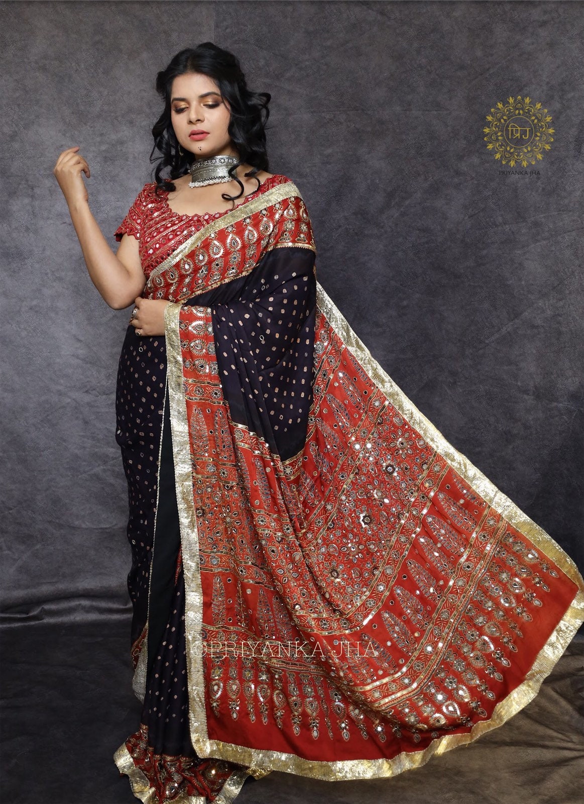 Ajrakh Sareesilk Satin Saree Black Sari - Etsy