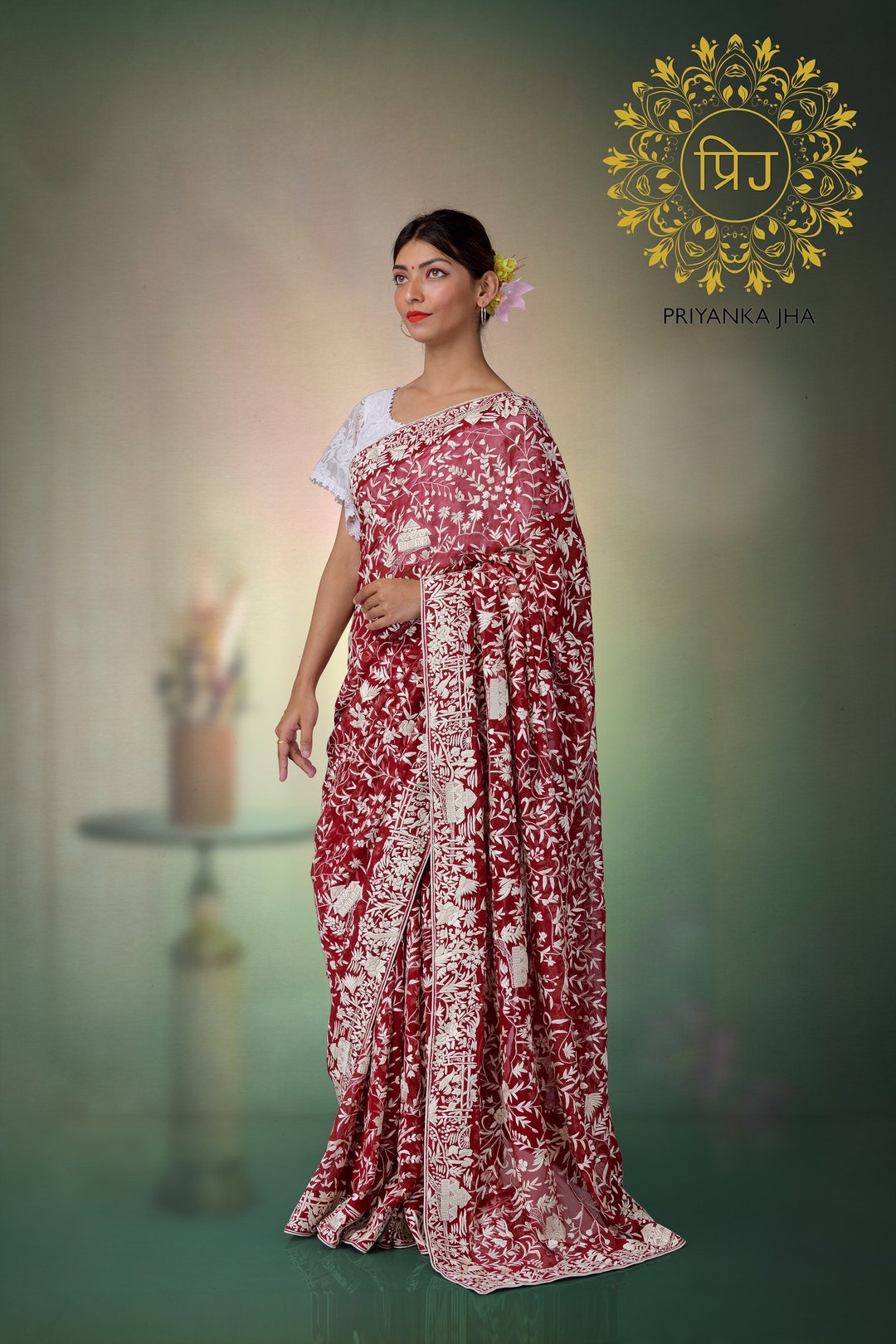Parsi Gara Saree, hecho a mano, sari de boda, Gara Saree, sari de ...