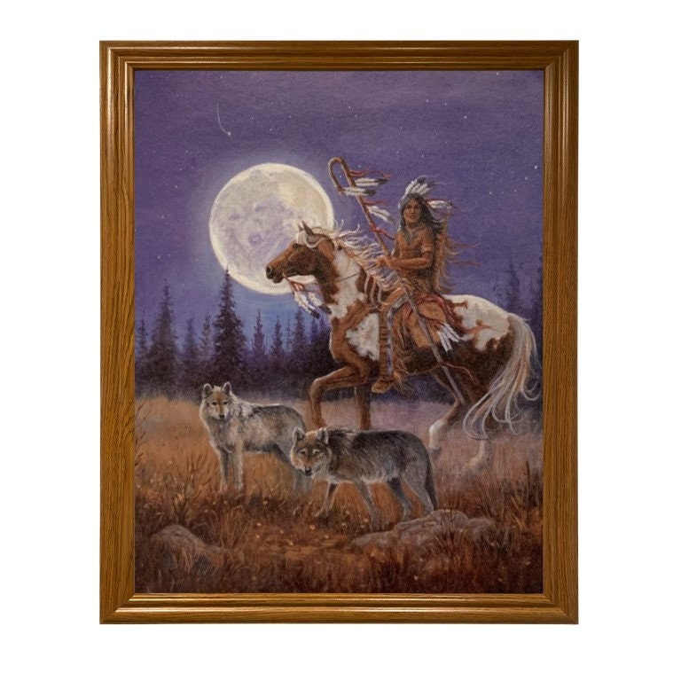 Native American Moonlight Traditonal Ethnic Man With Bow Horse Wolves ...