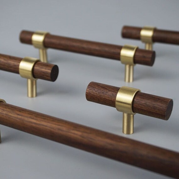 Black Walnut Brass Wood Handles Cupboard Handles Kitchen | Etsy