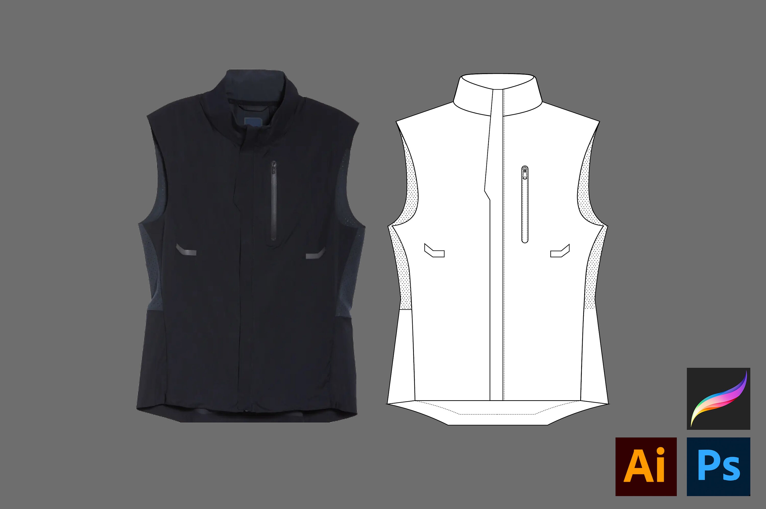 Weather Vest Flat Sketch Technical Drawing, Vector, Illustrator, Sewing ...