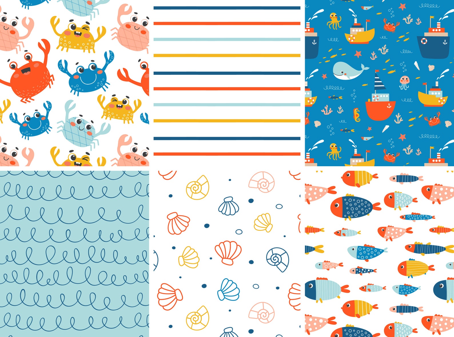 Colorful Sea Life Seamless Patterns, Nautical Digital Papers With Crabs ...