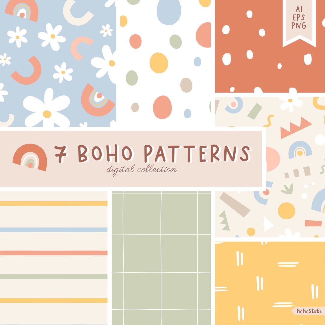 7 Boho Digital Patterns, Boho Prints, Seamless Wrapping Paper, Boho ...