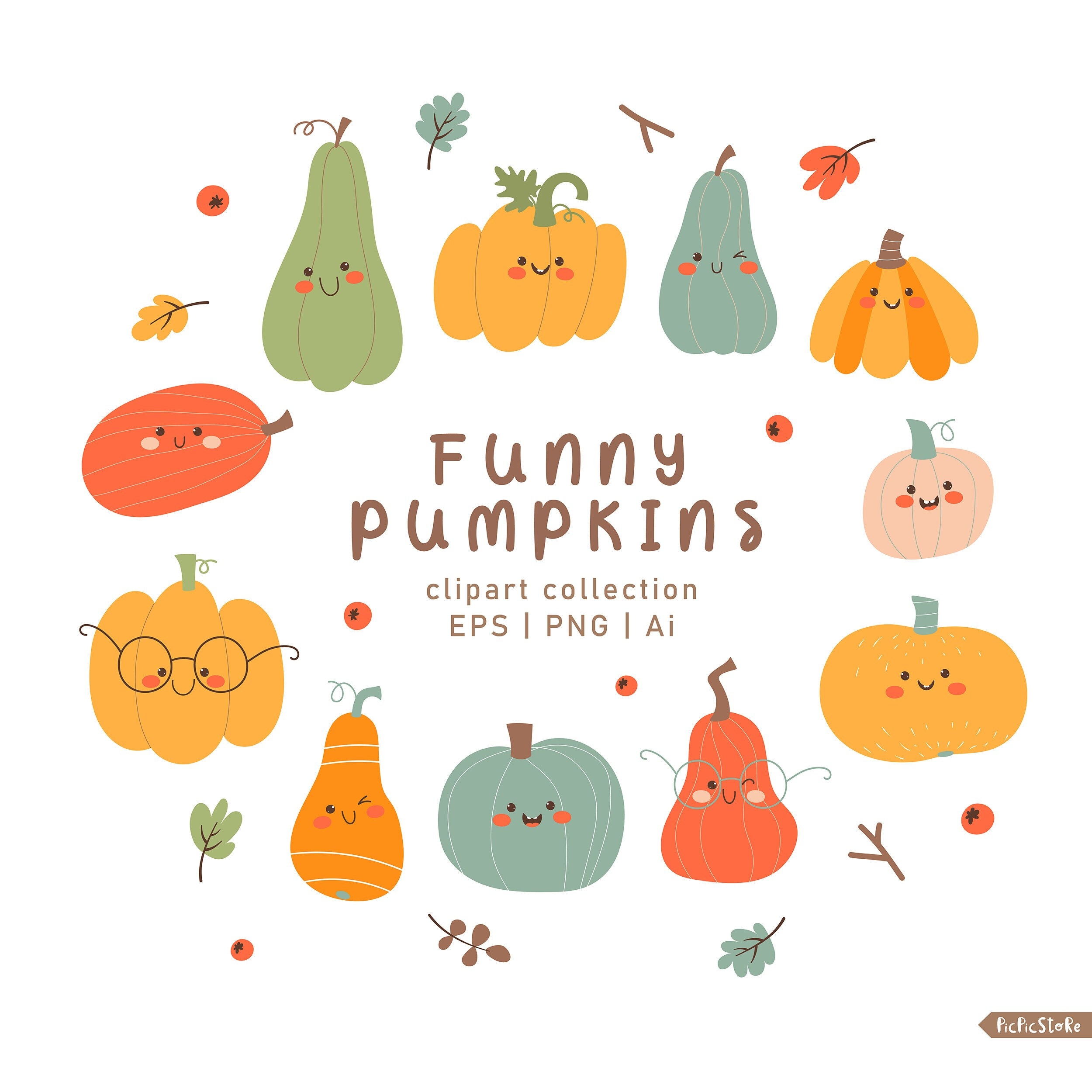Cute Pumpkins PNG Digital Clipart Bundle, Digital Fall Clipart ...
