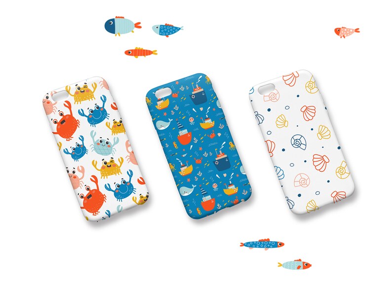 Colorful Sea Life Seamless Patterns, Nautical Digital Papers With Crabs ...