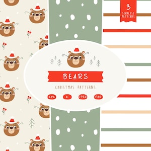 Winter Bear Digital Paper Set, Christmas Printable Seamless Patterns ...