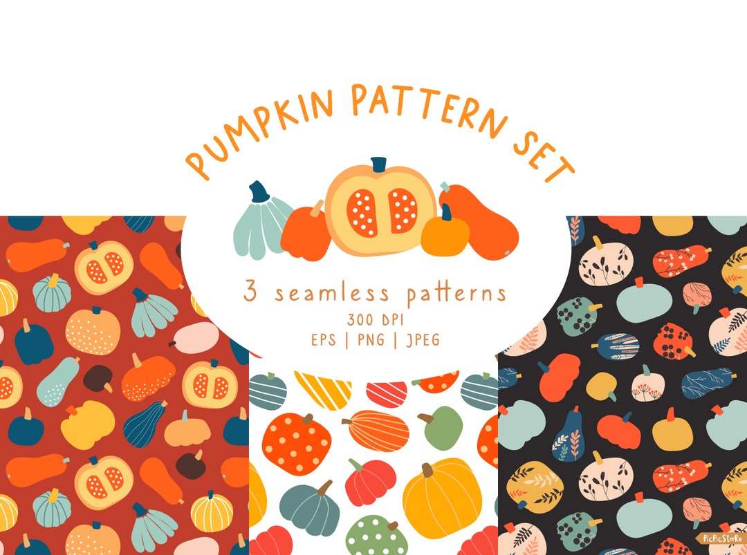 Digital Set of Pumpkin Patterns, Seamless Fall Digital Paper, Cartoon ...