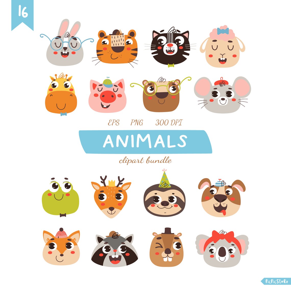 Cute Animal Clip Art, Animal Portrait Bear PNG, Fox, Cat, Dog, Raccoon ...