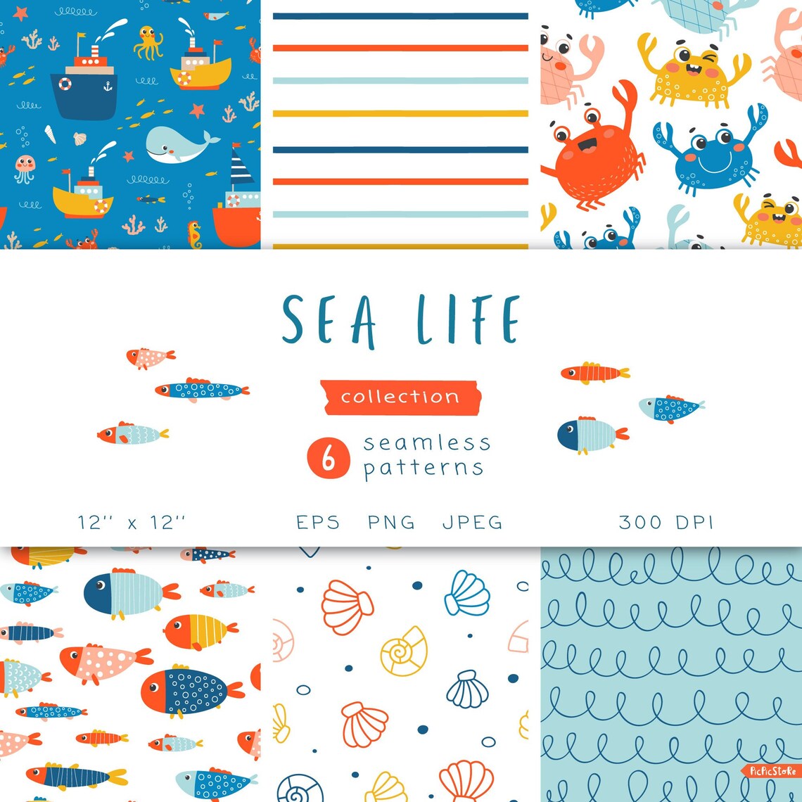 Colorful Sea Life Seamless Patterns, Nautical Digital Papers With Crabs, Sea Shells, Fish, Under ...