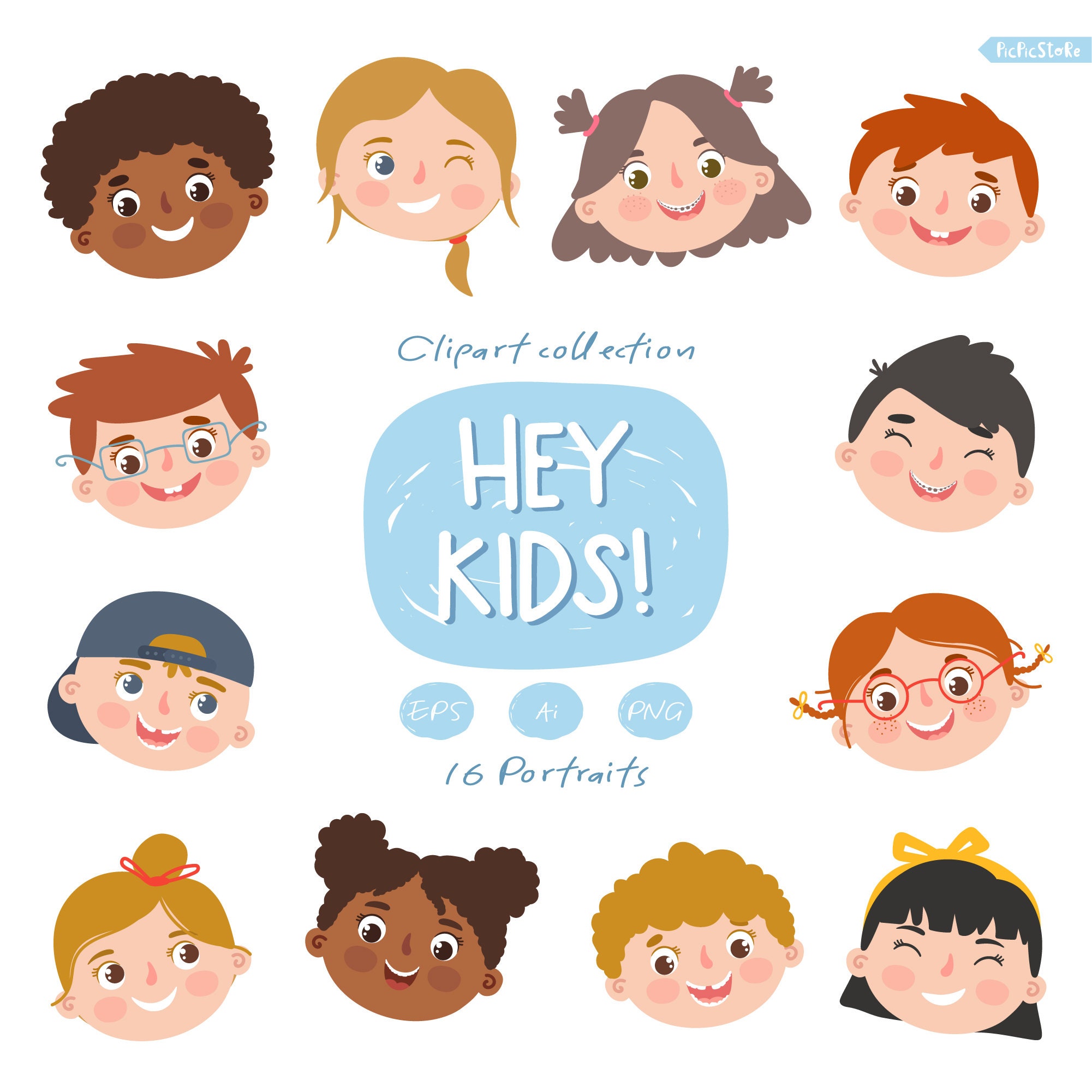 Cute Kids Digital Clipart, Happy Kids Faces Clipart, Cartoon Portrait ...