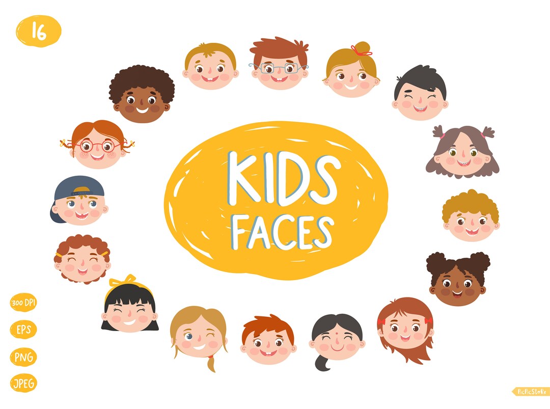 Cute Kids Digital Clipart, Happy Kids Faces Clipart, Cartoon Portrait ...