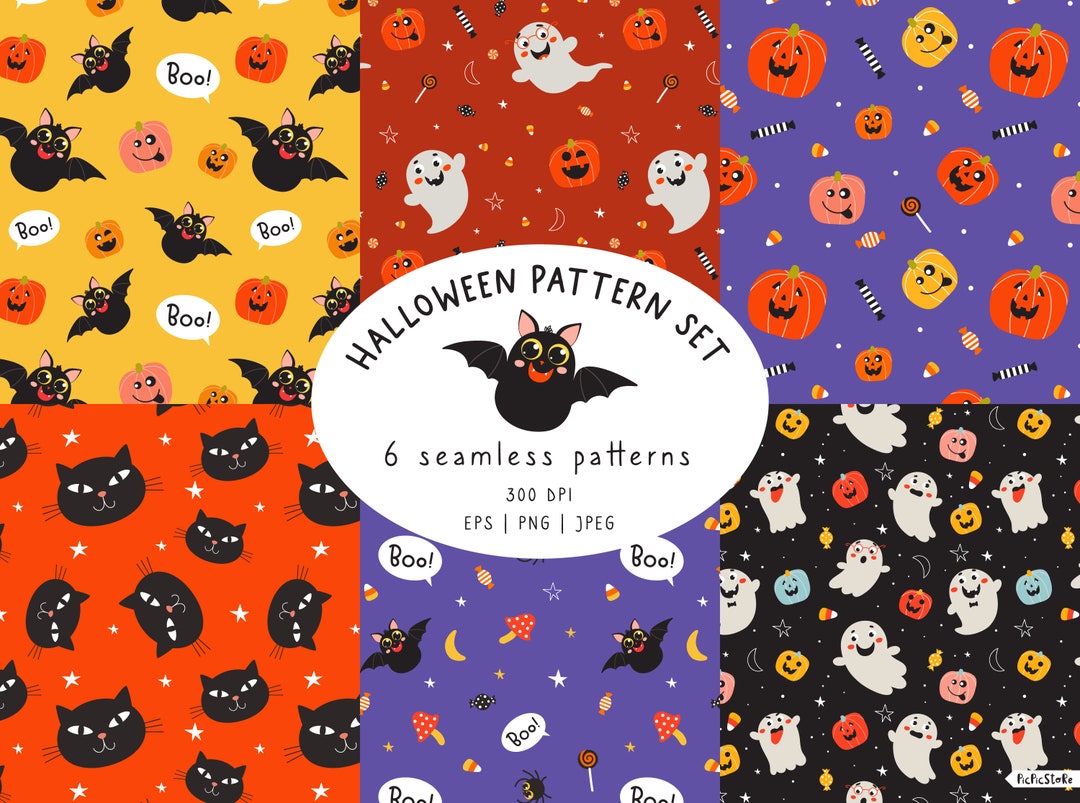 Spooky Halloween PNG Digital Patterns, Seamless Pattern Set, Pumpkins ...