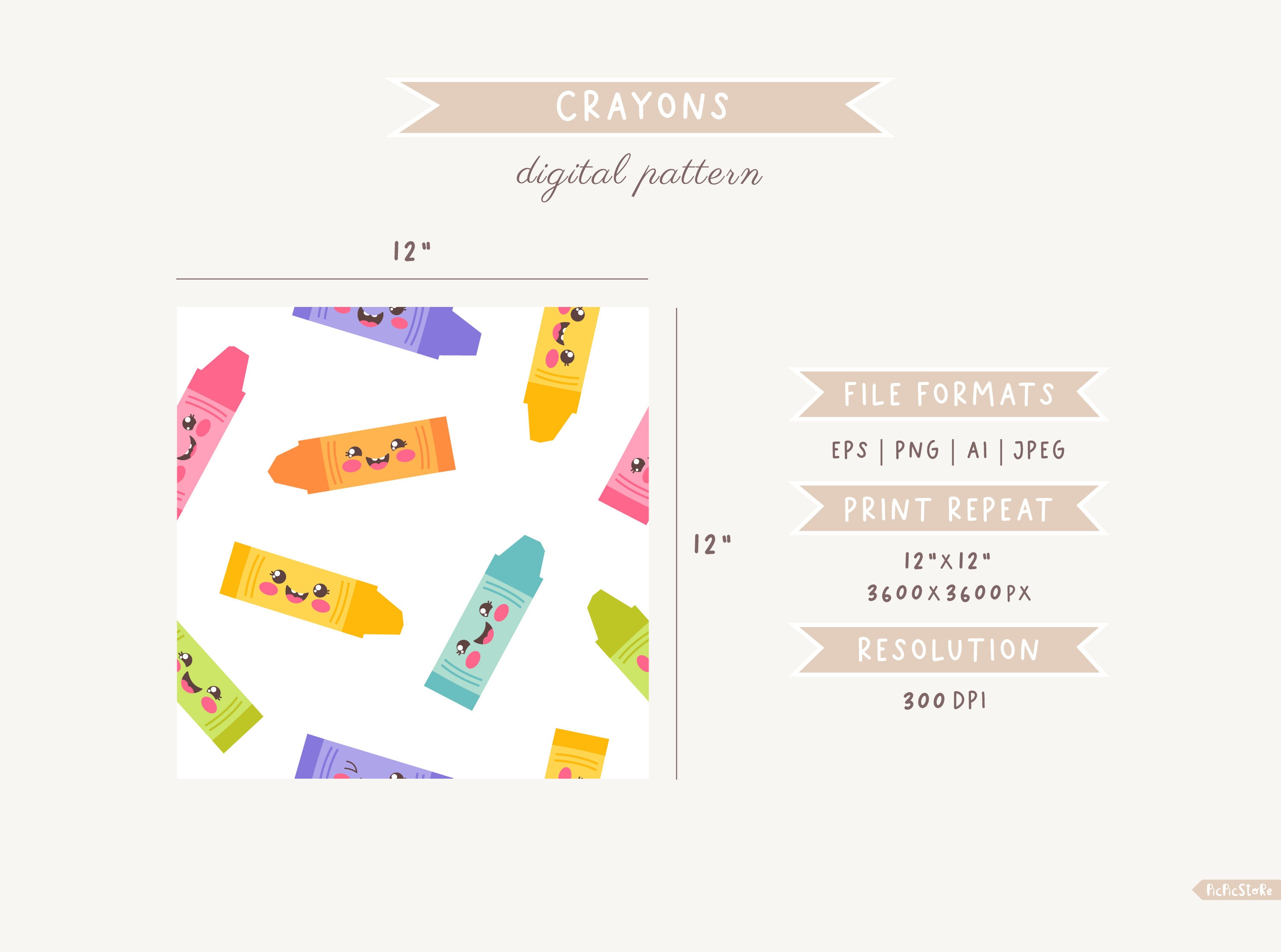 Crayon Digital Paper, Back to School Seamless Pattern, School Supplies ...