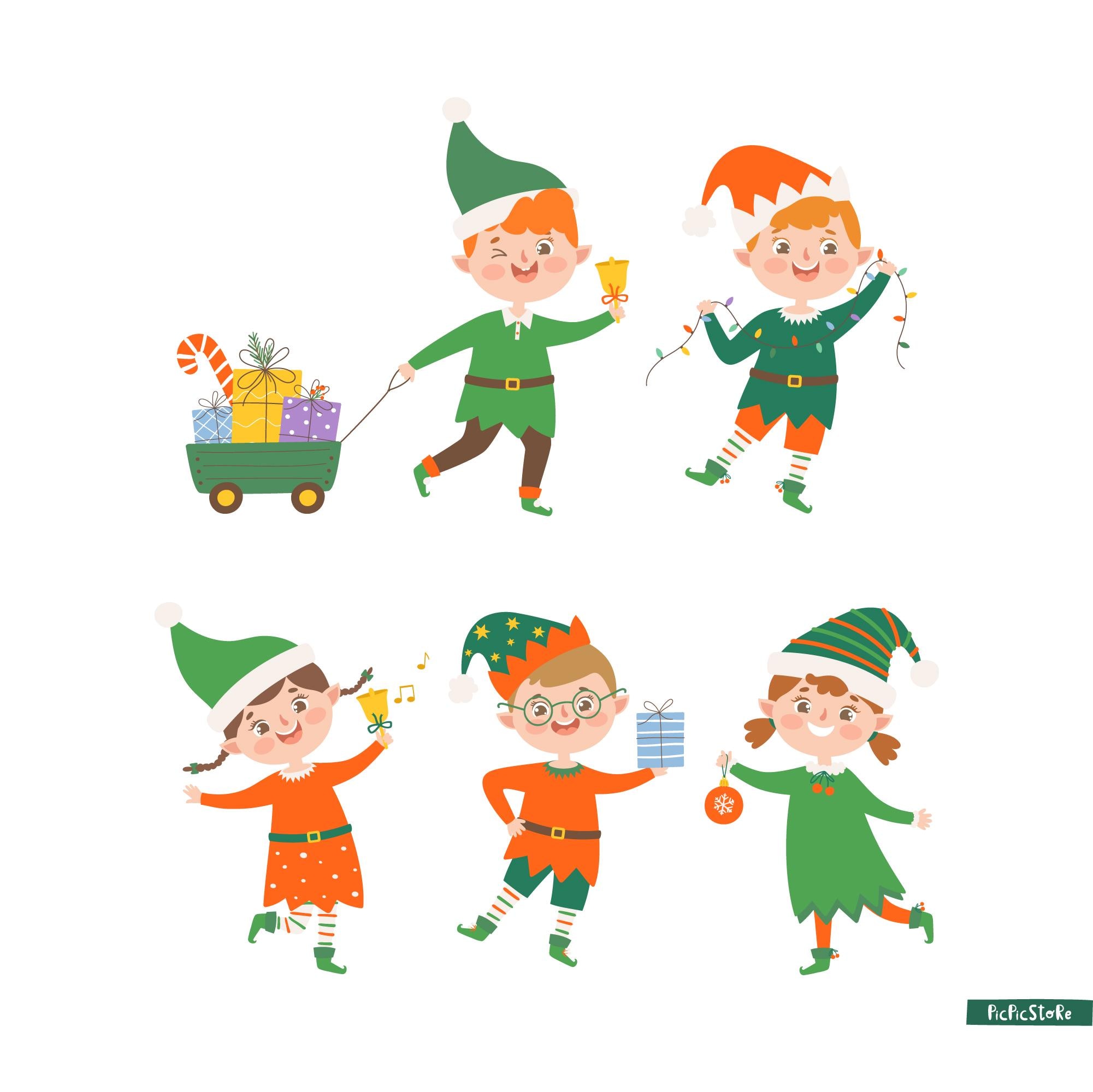 Christmas Elves Digital Clipart Bundle - 10 Hand Drawn Santas Little ...