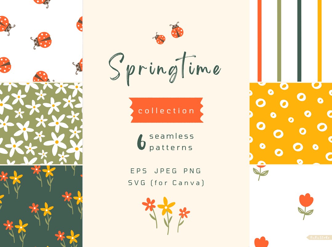 Spring Floral Set With Blooming Flowers, Cute Ladybugs and Geometric ...