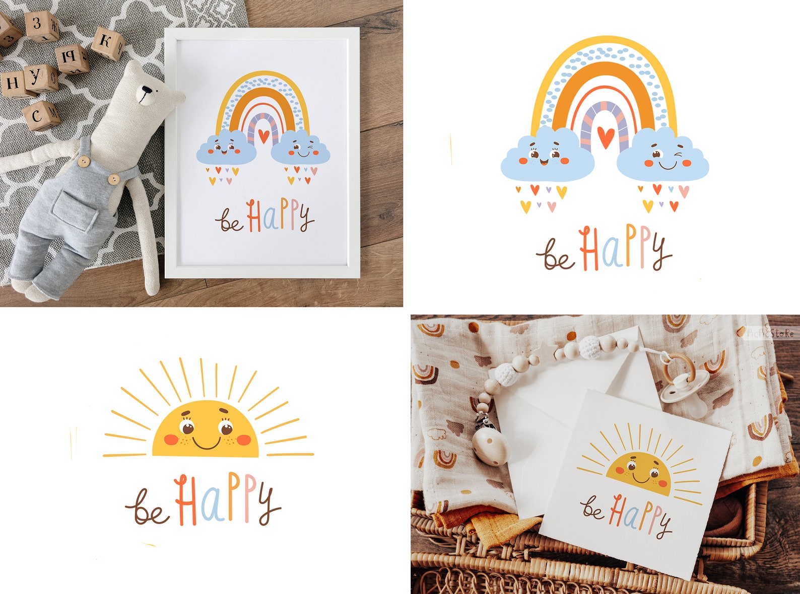 Kawaii Weather Clipart for Kids, Sun and Moon, Cloud, Rainbow, Cute ...