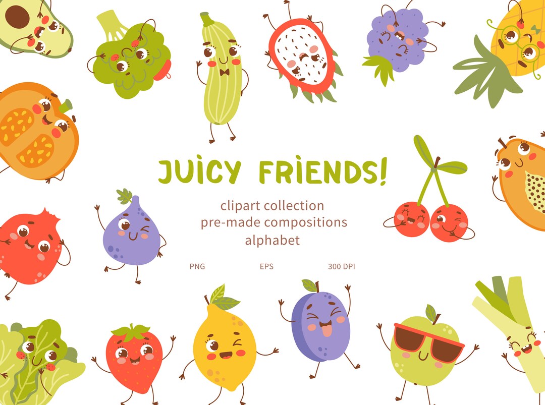 Cute Fruits and Veggies Digital Clipart, Kawaii Fruit Digital Print ...