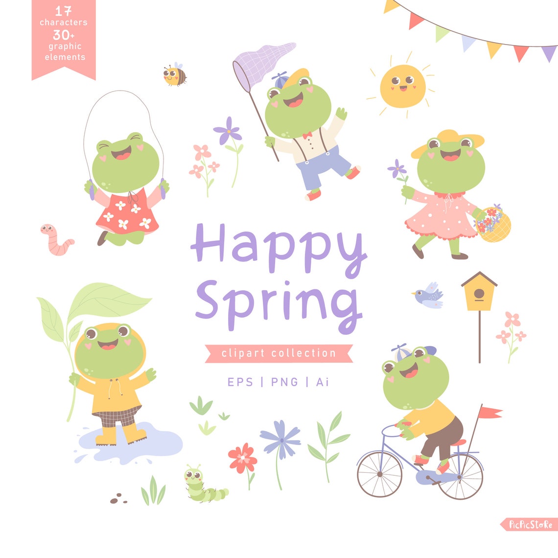 Frogs Digital Clipart Set, Cute Frogs, Insects, and Flowers PNG, Spring ...