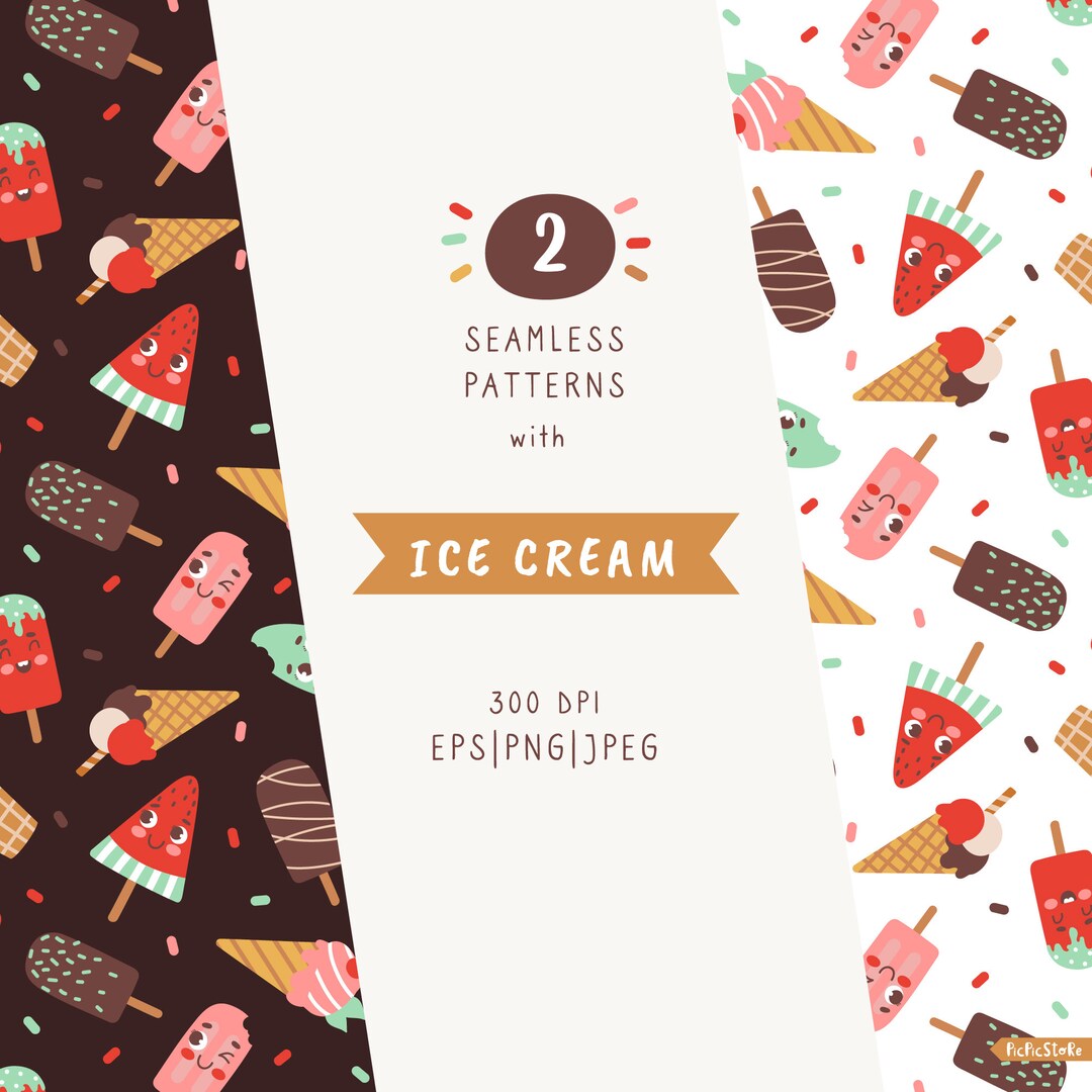 Playful Ice Cream Digital Patterns, Fun Summer PNG Characters, Seamless ...